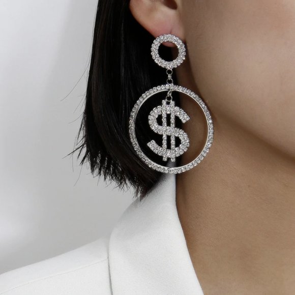 Bahati | Jewelry | Dollar Sign Large Silver Rhinestone Round Earrings ...